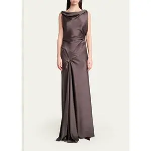 Victoria Beckham Asymmetric Draped Sleeveless Satin Midi Dress - Ore
