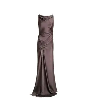 Victoria Beckham Asymmetric Draped Sleeveless Satin Midi Dress - Ore
