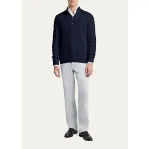 Kiton 3-ply Cashere Cable Knit Mock Neck Sweater - Navy