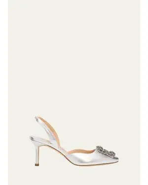 Manolo Blahnik 70mm Hangisli Metallic Leather Slingback Pumps With Crystal Buckle - Silver
