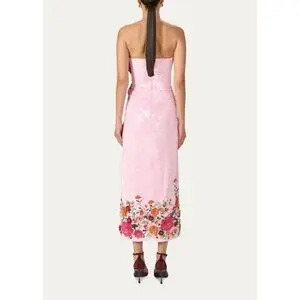 Costarellos Harlee Strapless Flower Sequined Slit Midi Dress