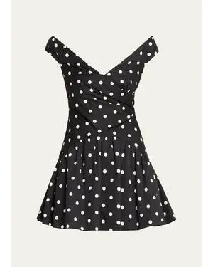 SELF-PORTRAIT Polka-dot Gathered Off-shoulder Mini Dress - Black