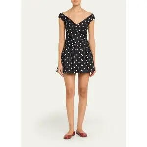 SELF-PORTRAIT Polka-dot Gathered Off-shoulder Mini Dress - Black