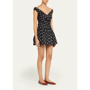 SELF-PORTRAIT Polka-dot Gathered Off-shoulder Mini Dress - Black