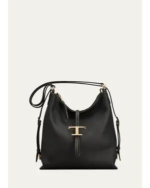 TOD'S T Timeless Grain Leather Shoulder Bag - Nero