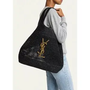 Saint Laurent Icare Medium Crochet Raffia Tote Bag - Nero
