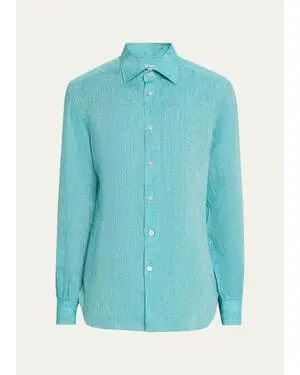 Kiton Solid Linen Button-down Shirt - Cactus