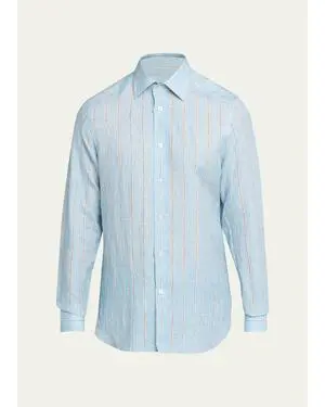 Kiton Linen Stripe Button-down Shirt With Mother-of-pearl - Navy