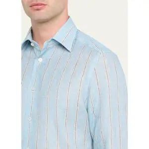 Kiton Linen Stripe Button-down Shirt With Mother-of-pearl