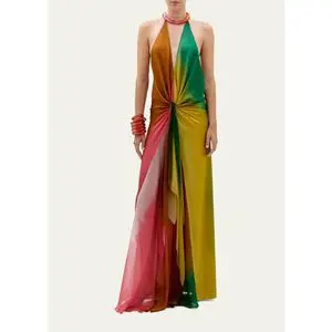 Silvia Tcherassi Dixon Twisted Satin Plunging Halter Maxi Dress