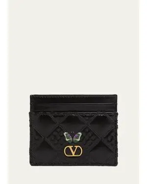 Valentino Garavani Butterfly-embroidered Quilted Leather Card Holder