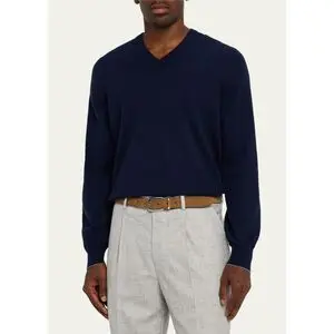 Brunello Cucinelli Cashmere Classic Fit V-neck Sweater - Navy