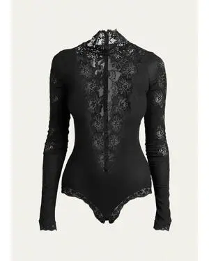 Valentino Garavani Turtleneck Lace & Jersey Long-sleeve Bodysuit