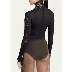 Valentino Garavani Turtleneck Lace & Jersey Long-sleeve Bodysuit