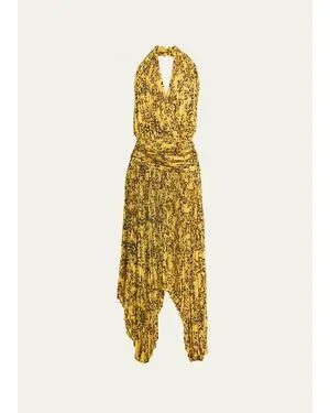 Proenza Schouler Paulina Pleated Halter Handkerchief Maxi Dress - Gold Multi