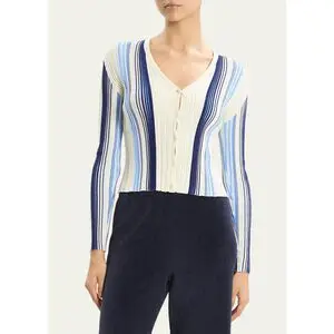 Theory Striped Long-sleeve Knit Cardigan - Navy Multi