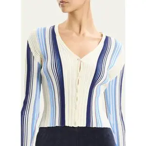 Theory Striped Long-sleeve Knit Cardigan - Navy Multi
