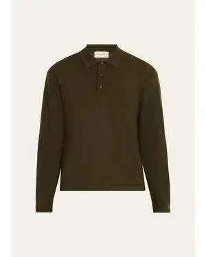 Officine Générale Merino Wool Long-sleeve Polo Shirt - Olive