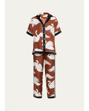 Olivia Von Halle Tilda Swan-print Silk Twill Pajama Set