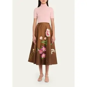Oscar De La Renta Mixed Botanical Print Cotton Midi Skirt