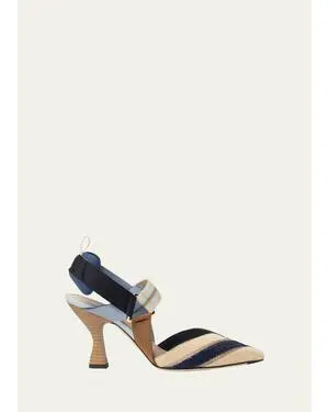 Fendi 85mm Colibri Mixed-media Raffia Slingback Pumps - Blue