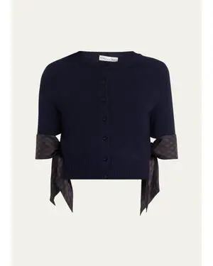 Oscar De La Renta Argyle Silk Cuffs Crop Crewneck Cardigan