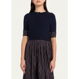 Oscar De La Renta Argyle Silk Cuffs Crop Crewneck Cardigan