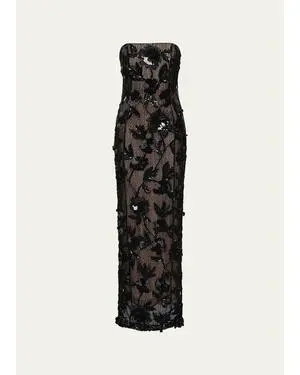 Rachel Gilbert Pierre Strapless Embroidered Tulle Column Gown
