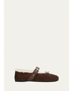 Miu Miu Shearling-lined Suede Mary Jane Ballerina Flats - Moro