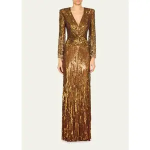 Jenny Packham Cosmos Long-sleeve V-neck Sequin Gown