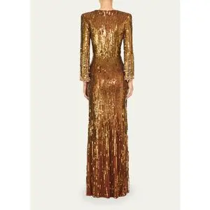 Jenny Packham Cosmos Long-sleeve V-neck Sequin Gown