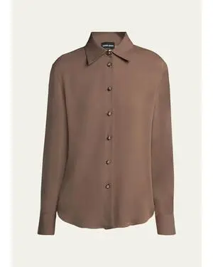 Giorgio Armani Pearly Buttoned Silk Georgette Shirt - Brown