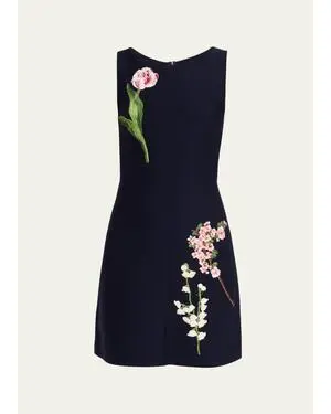Oscar De La Renta Sleeveless Floral Embroidered Wool Knit Mini Dress - Navy