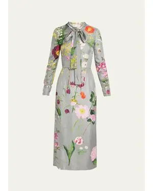 Oscar De La Renta Long-sleeve Mixed Botanical Silk Scarf-neck Midi Dress - Grey Multi