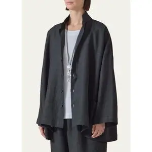 Eskandar Heavyweight Linen Angle-to-front Double Stand Collar Jacket Long Length
