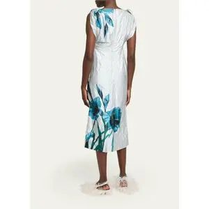 Erdem Floral Textured Satin Twisted-shoulder Midi Dress - Blue