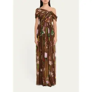 Oscar De La Renta One-shoulder Mixed Botanical Silk Chiffon Gown