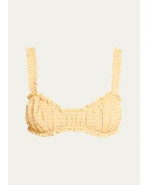 Simkhai Evander Ruched Gingham Seersucker Bikini Top - Mango Multi