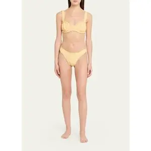 Simkhai Evander Ruched Gingham Seersucker Bikini Top - Mango Multi