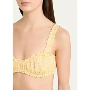 Simkhai Evander Ruched Gingham Seersucker Bikini Top - Mango Multi