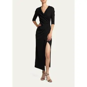 Giorgio Armani Elbow-sleeve Draped Crepe Slit Midi Dress
