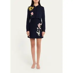 Oscar De La Renta Floral Embroidered Wool Crop Collared Cardigan