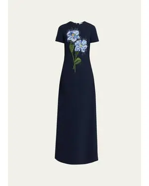 Oscar De La Renta Floral Beaded Short-sleeve A-line Gown - Navy