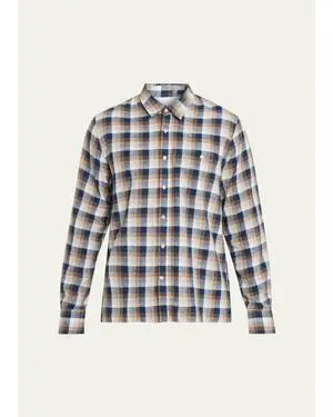 Officine Générale Younes Cotton And Linen Plaid Button-down Shirt - Navy Gingr