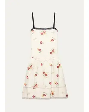Prada Floral Embroidered Linen Mini Dress - Ruby
