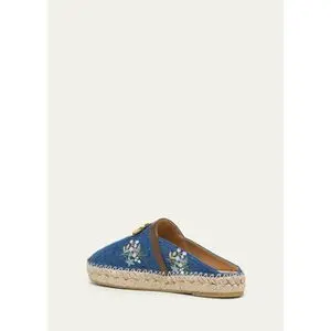 Valentino Garavani Vlogo Floral-embroidered Denim Espadrille Mules - Denim Multi