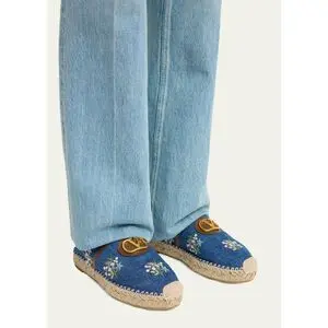 Valentino Garavani Vlogo Floral-embroidered Denim Espadrille Mules - Denim Multi