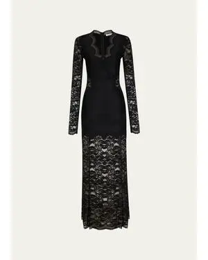 Rabanne Long-sleeve Stretch Lace Jersey Maxi Dress - Black