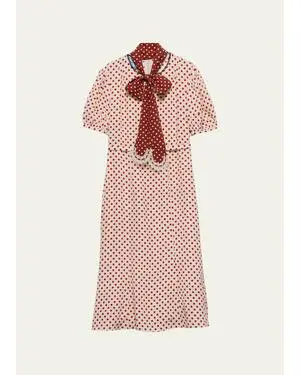 Prada Polka-dot Silk Puff-sleeve Midi Dress - Sable