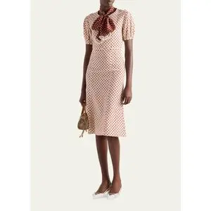 Prada Polka-dot Silk Puff-sleeve Midi Dress